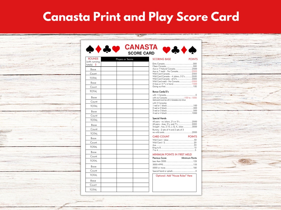 Canasta Score Sheet Print at Home and Play - Etsy