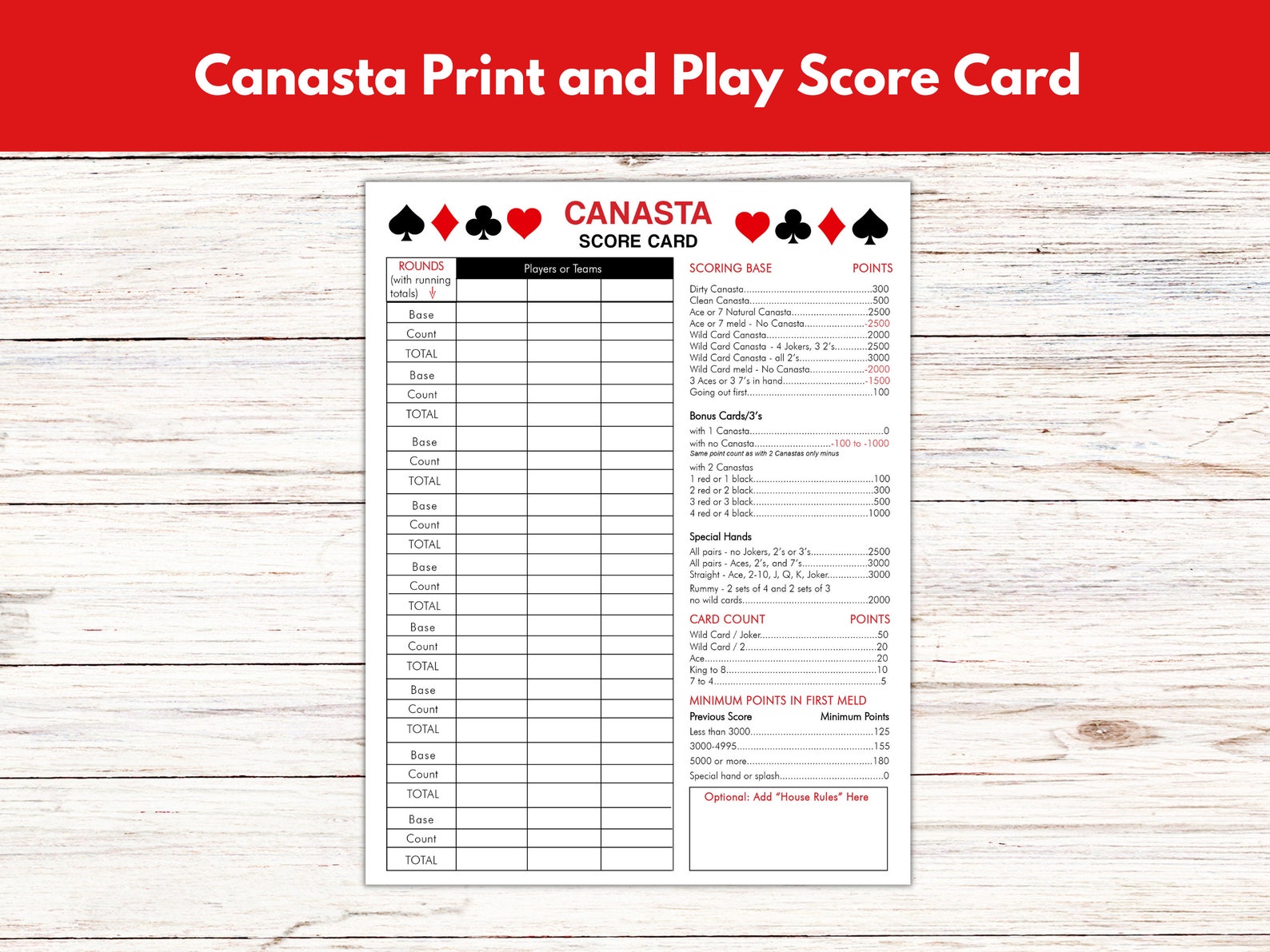 Canasta Score Sheet - Print at Home and Play - Etsy