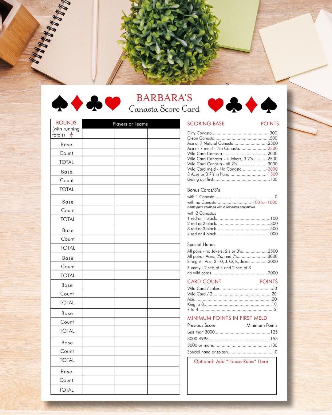 Personalized Canasta Score Pad - 8.5x11 Size - Etsy