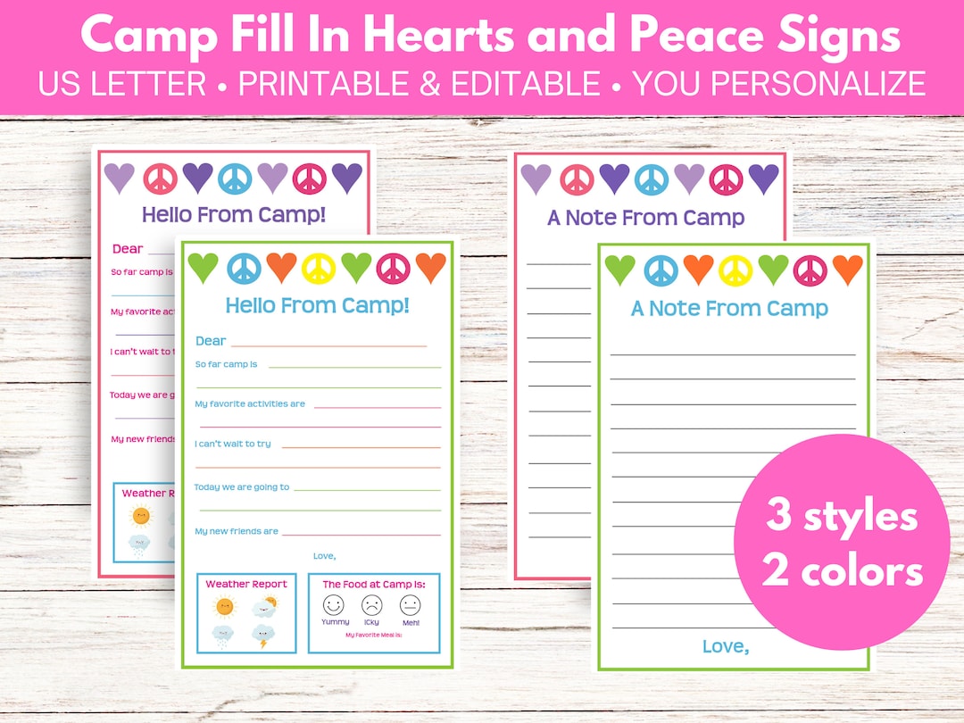 Summer Camp Fill in Letter Sheets Hearts and Peace Signs - Etsy