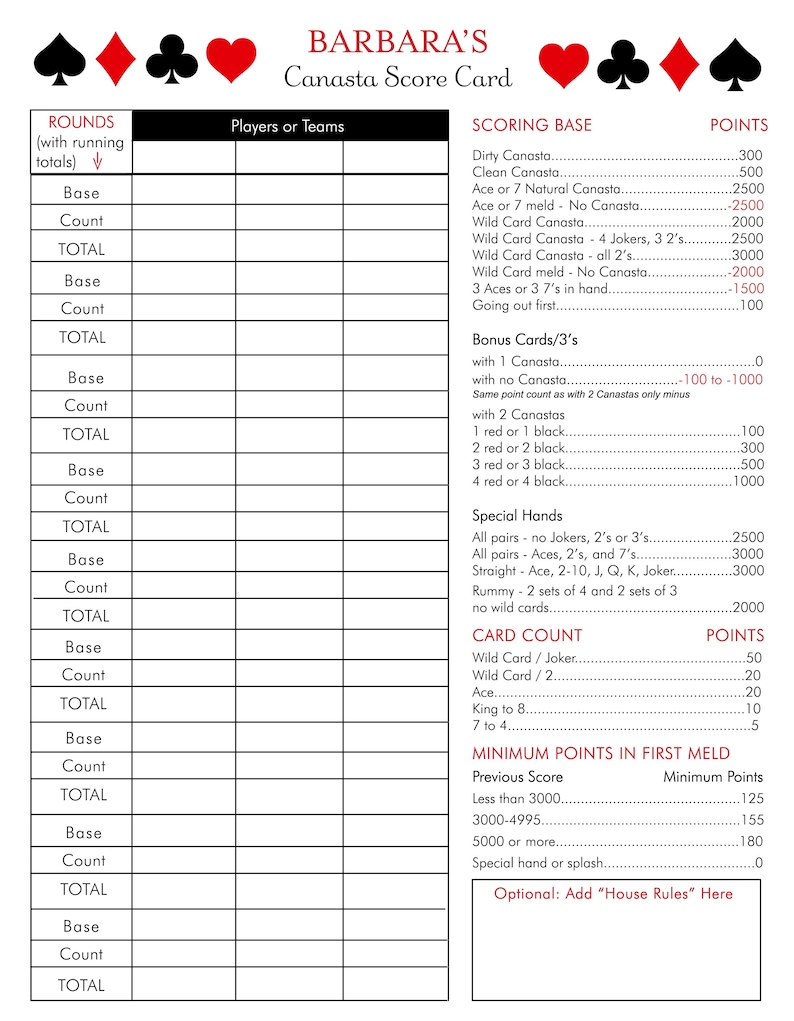 Personalized Canasta Score Pad - 8.5x11 Size - Etsy