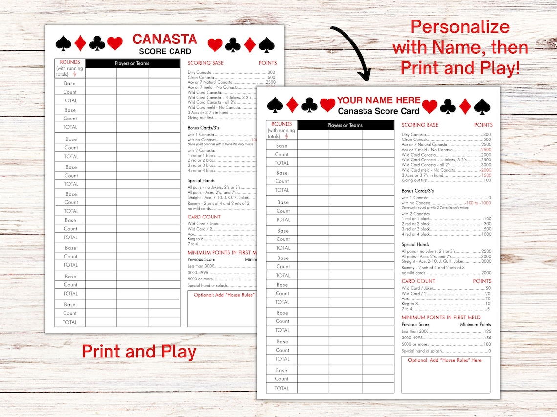 Canasta Score Sheet - Print at Home and Play - Etsy