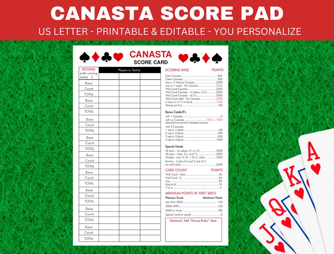 Canasta Score Sheet - Print at Home and Play - Etsy