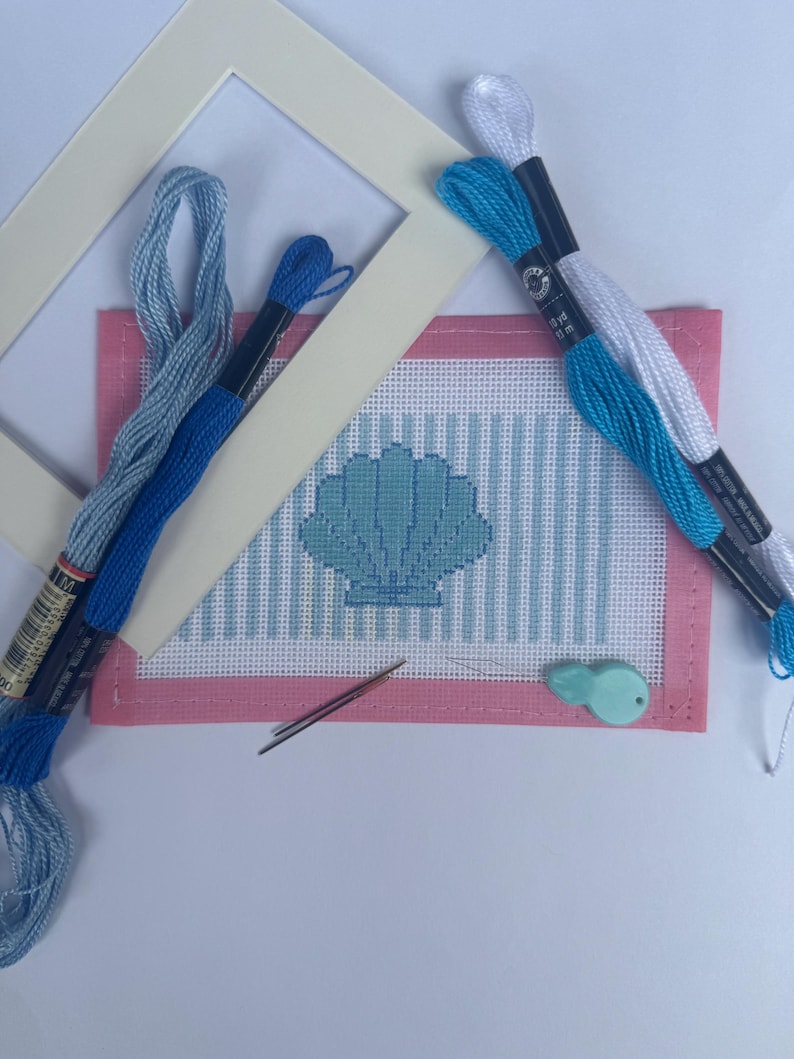 Blue and White Seashell- Hand Painted Needlepoint Canvas- 4x6 Frame ...