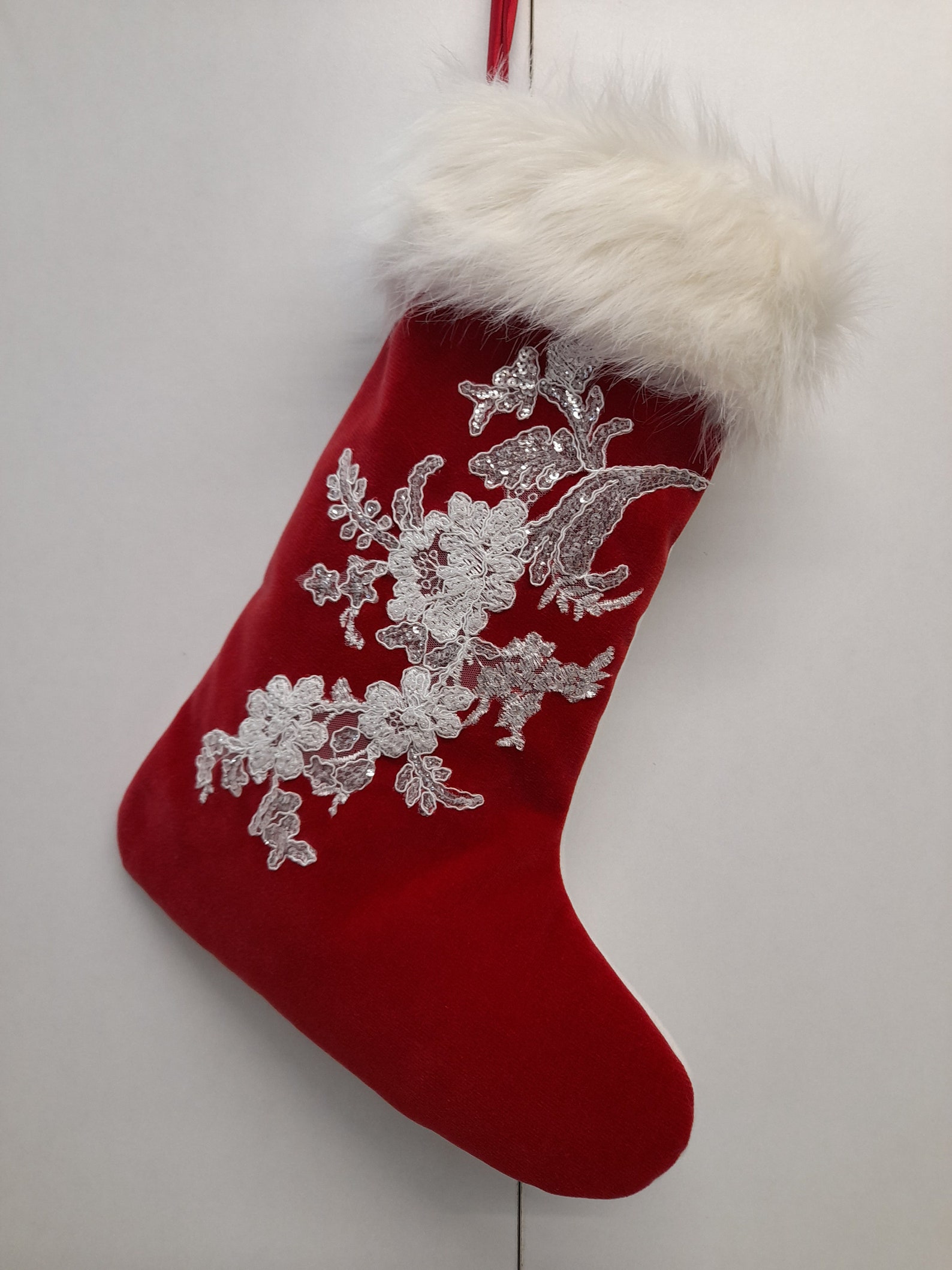 A Sat of Red Velvet Christmas Stockings Embroidered With Glass Beads - Etsy