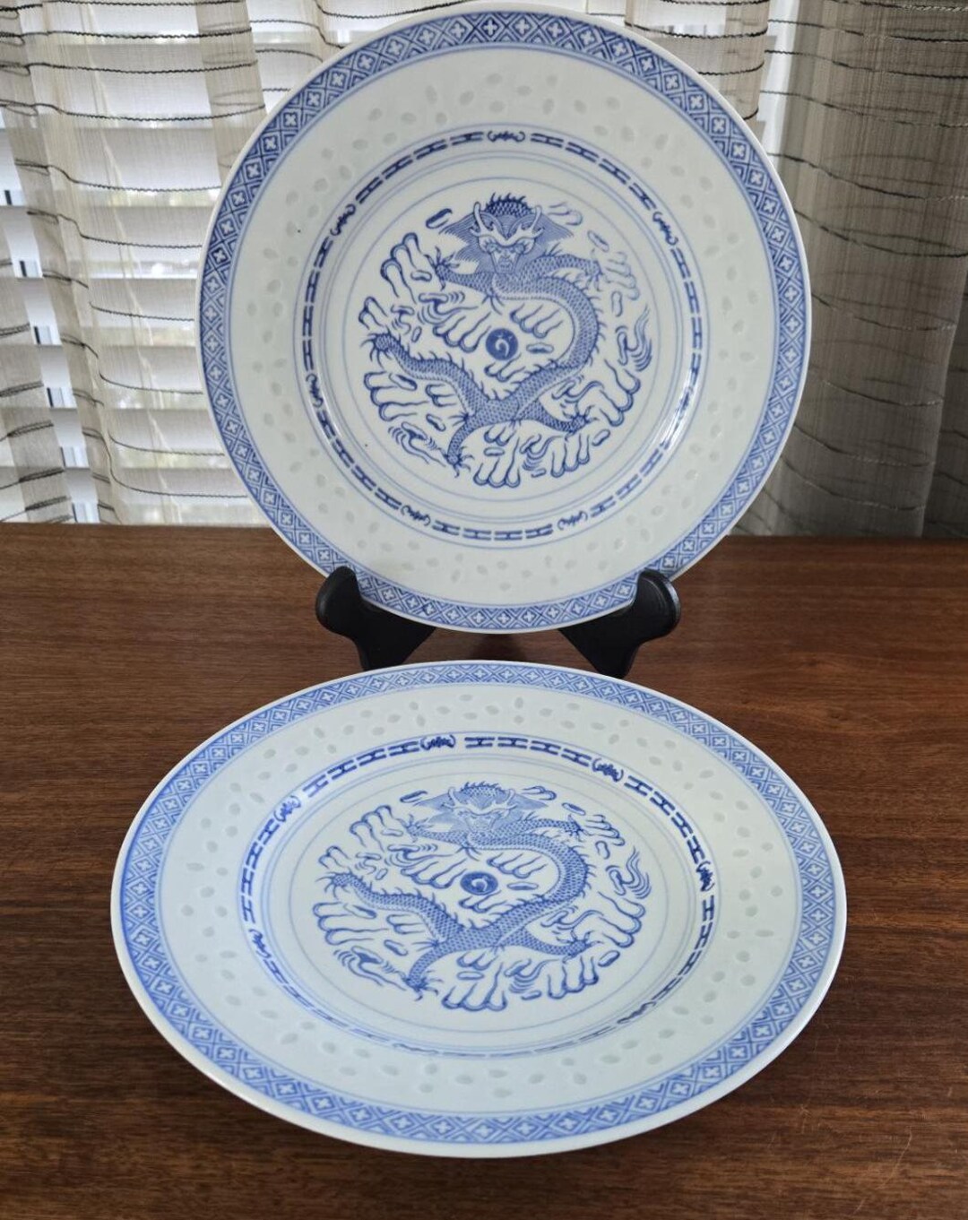 Chinese Dragon Rice Grain Large 10" Dinner Plates, Set of 2 Vintage ...