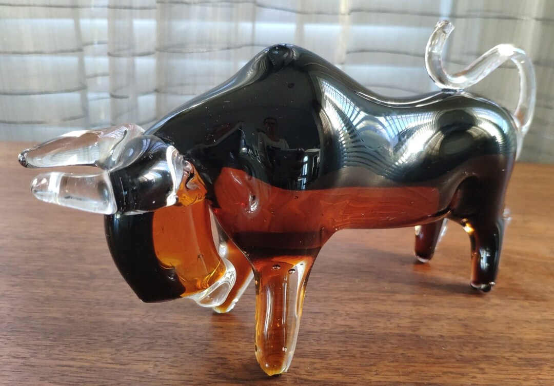 Art Glass Bull Sculpture Vintage Amber Brown Toro Hand Blown Figurine 9 ...