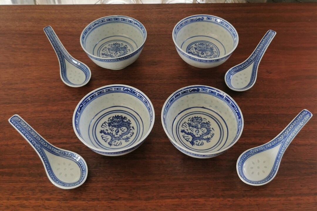 Chinese Dragon Rice Grain Bowls and Spoons, Set of 4 Vintage Porcelain ...