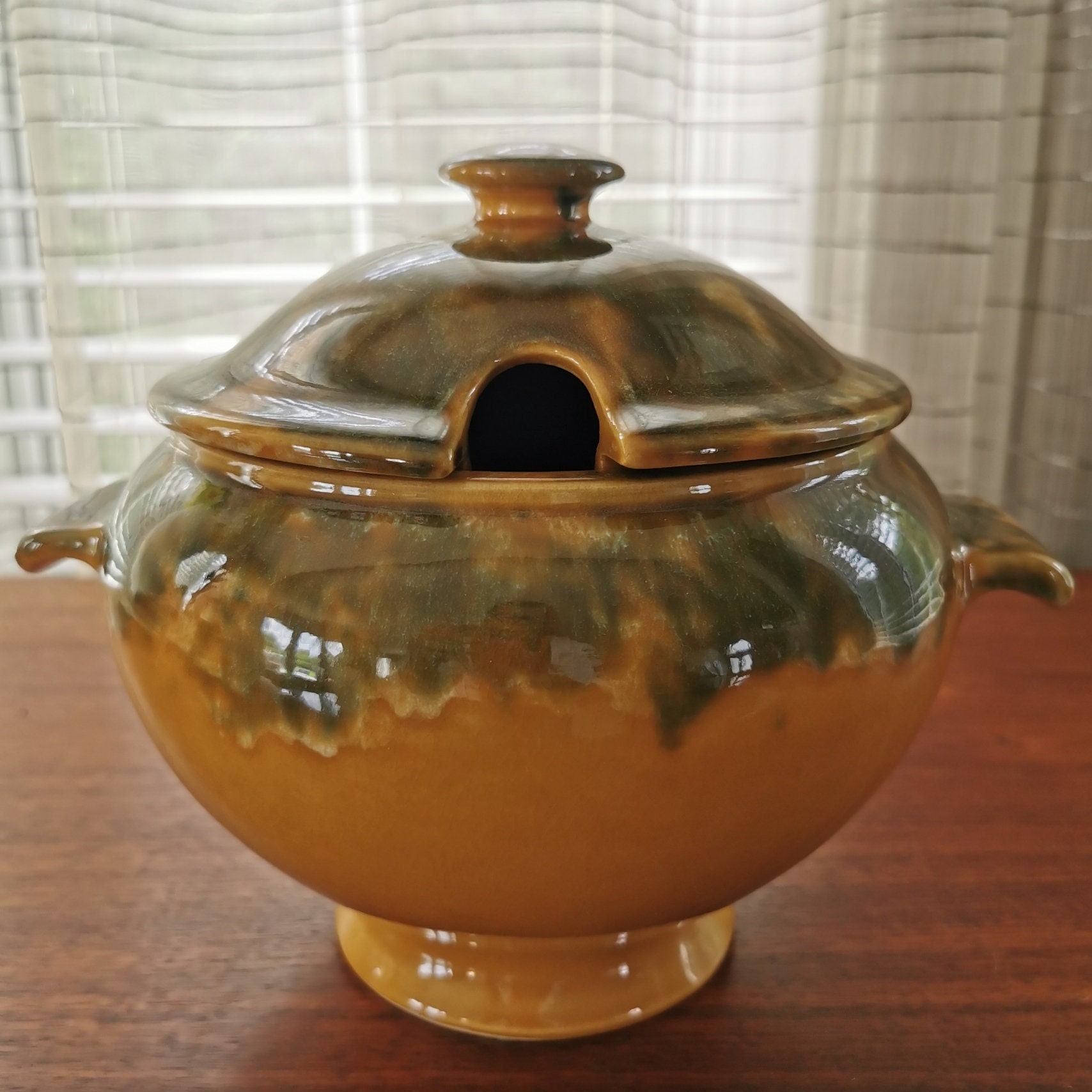 Beauce Art Pottery Soup Tureen, Marbled Green and Yellow Glaze Vintage ...