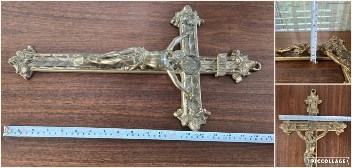 Large Solid Brass Ornate Crucifix 19.5" Vintage Relief Embossed Church ...