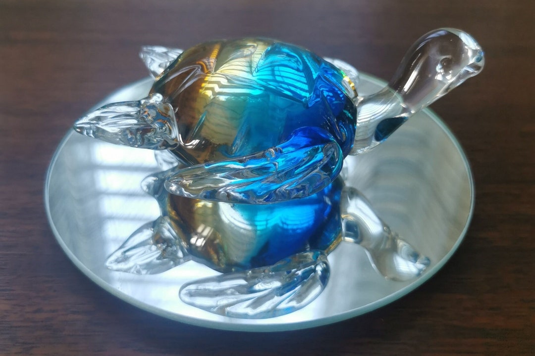 Art Glass Sea Turtle Figurine Paperweight Vintage Hand Blown Cased Blue ...