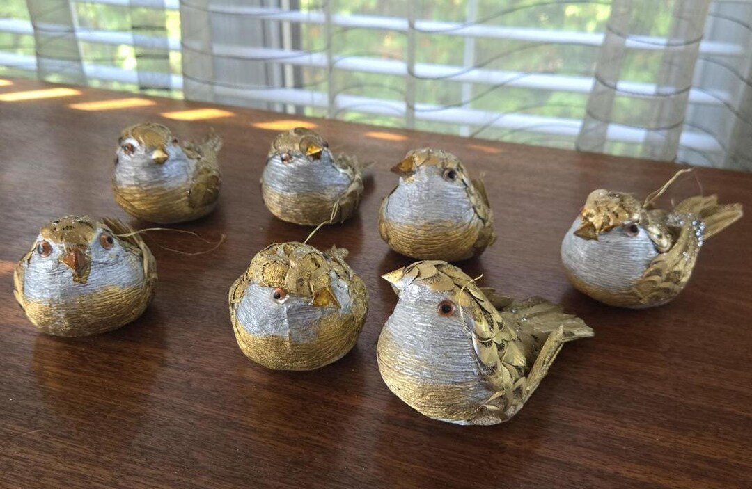 Gold and Silver Bark Finish Birds Set of 7 Vintage Paper Mache ...