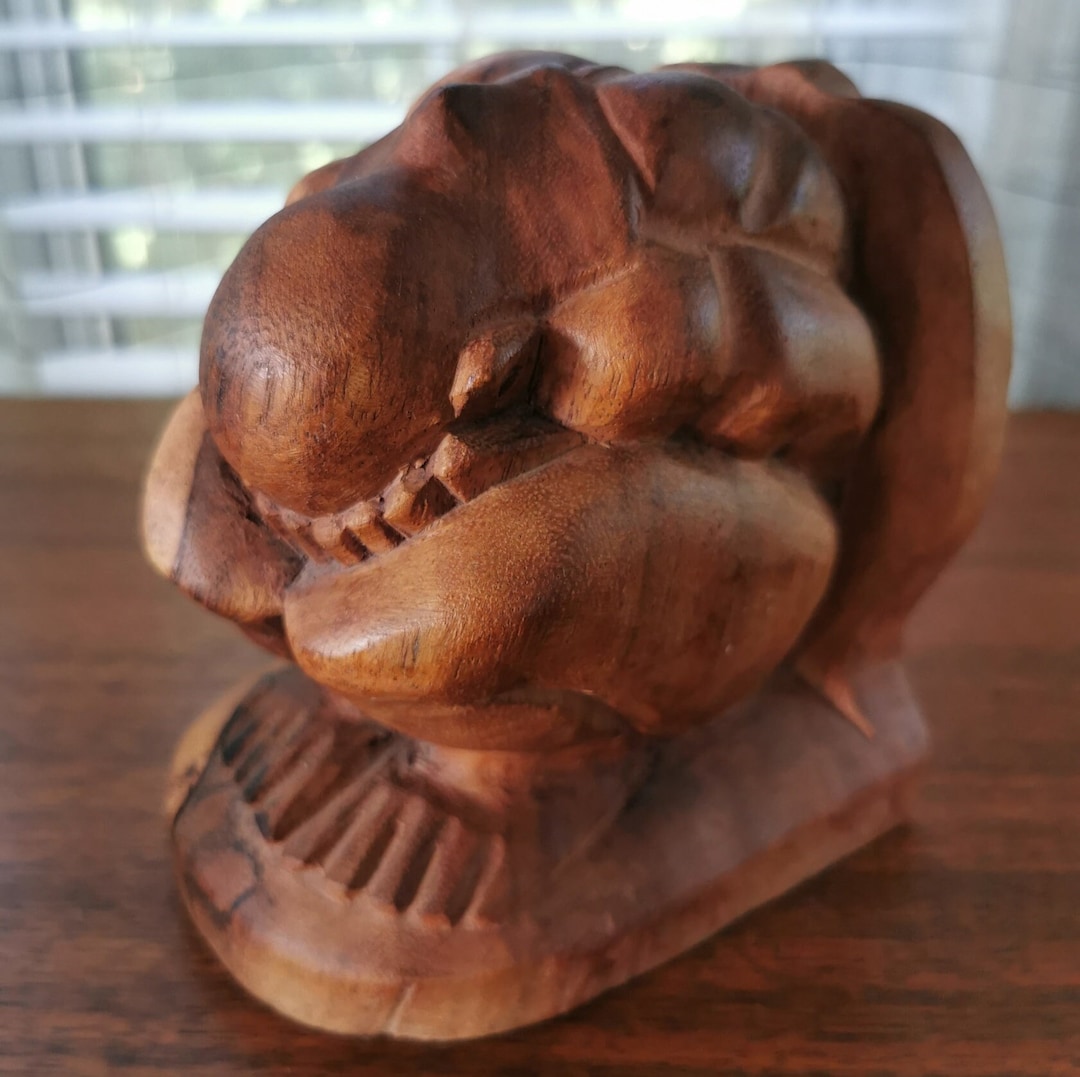 Hand Carved Wooden Weeping Buddha Bookend Sculpture Vintage Shy Yogi ...