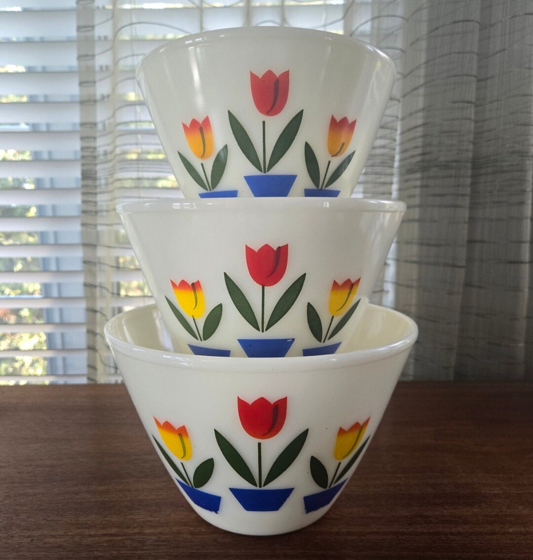 Fire King Tulip Nesting Bowls Set of 3, Vintage Tempered Milk Glass ...