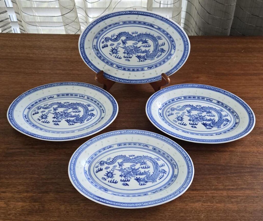 Chinese Dragon Rice Grain Oval Plates, Set of 4 Vintage Porcelain Rice ...