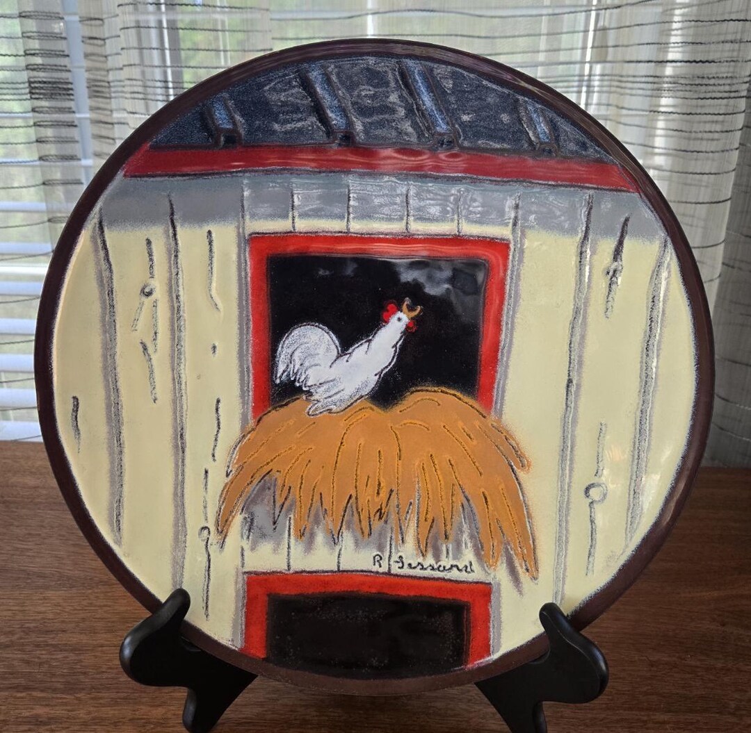 Enameled Copper Art Plate Vintage Chicken Hen at Barn Door Decorative ...
