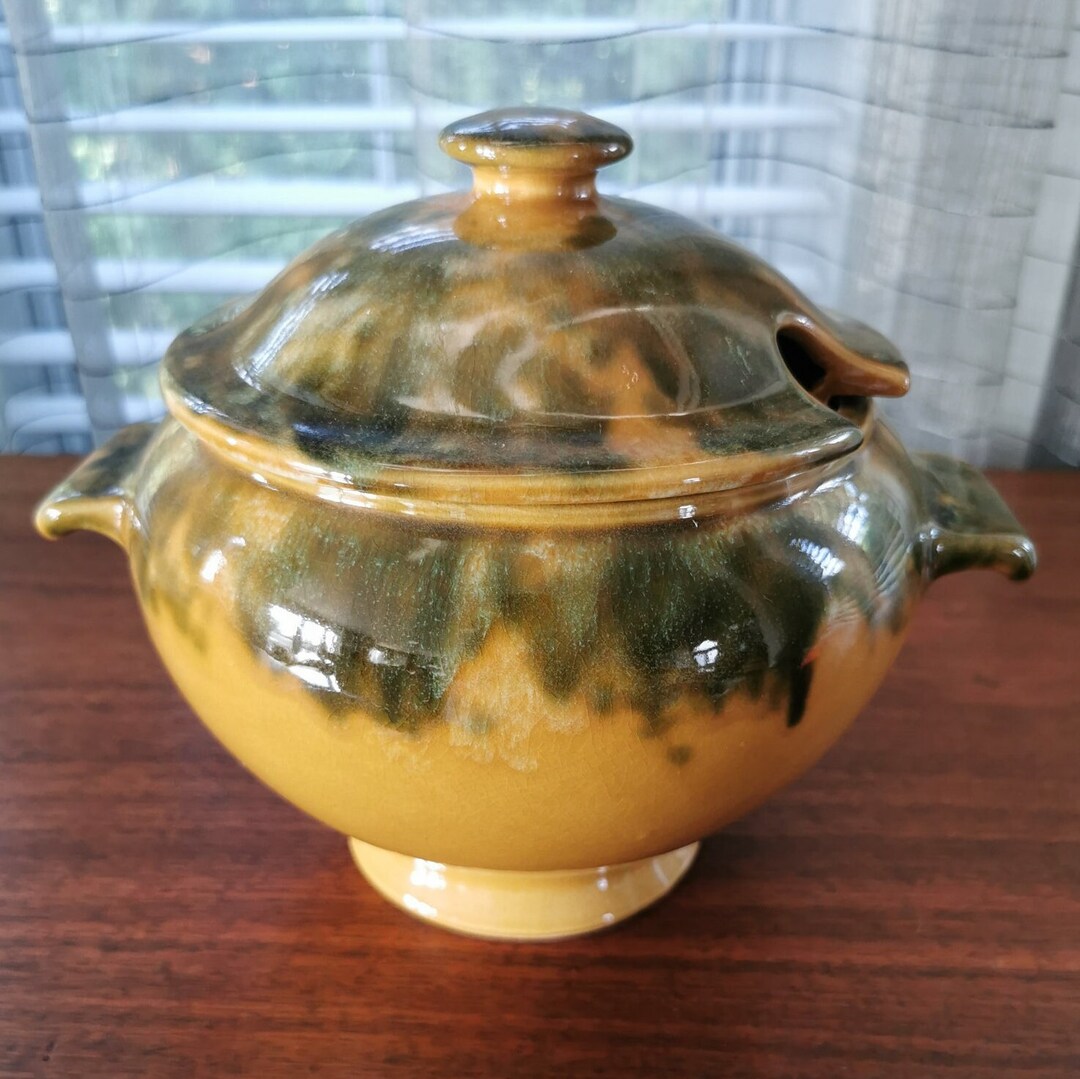 Beauce Art Pottery Soup Tureen, Marbled Green and Yellow Glaze Vintage ...