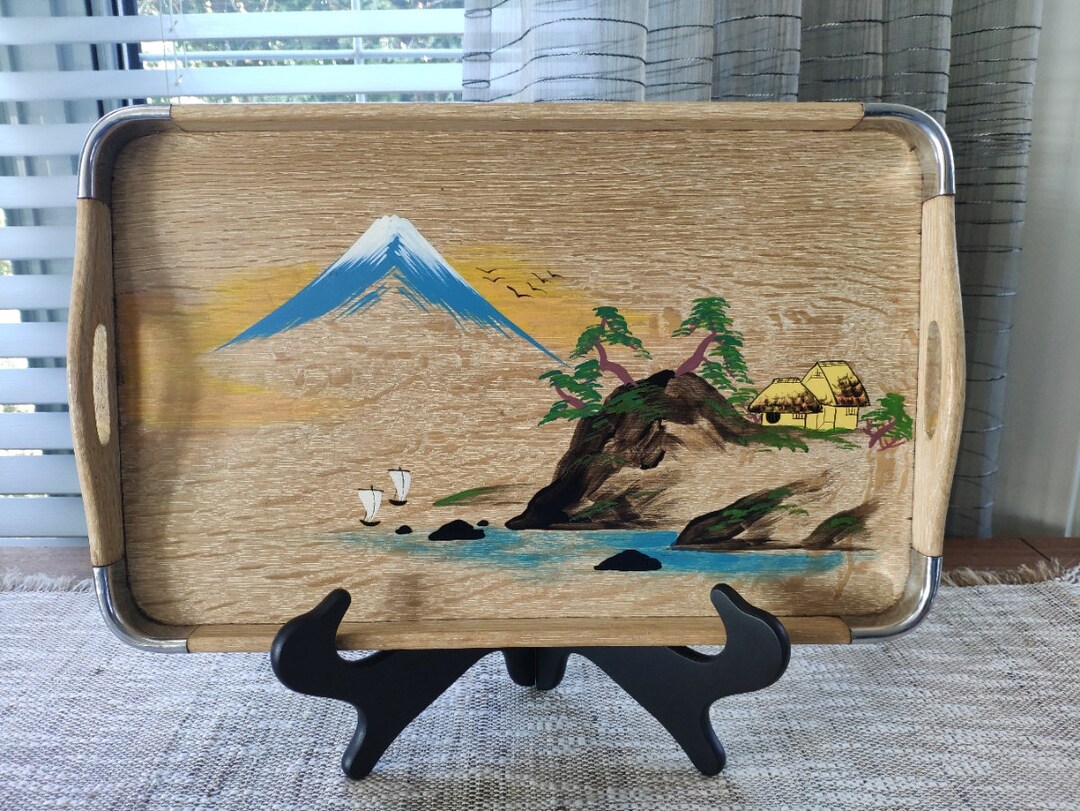 Wooden Mount Fuji Serving Tray Hand Painted MCM Retro Vintage Serving Tray With Metal Corners 15 ...