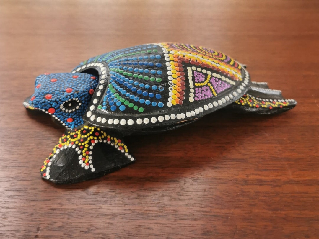 Hand Painted Wood Turtle Trinket Box, Vintage Relief Indonesian Folk ...