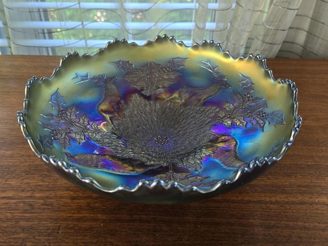 Fenton Iridescent Blue Stag and Holly Footed Bowl, Vintage Carnival ...