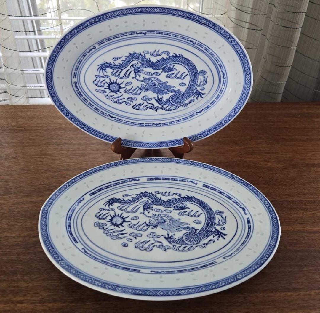 Chinese Dragon Rice Grain 12" Oval Plates, Set of 2 Vintage Porcelain ...