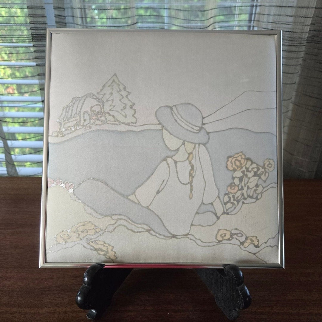 Framed Batik Painting Pastel Silk Artwork, Vintage Girl by the Lake ...