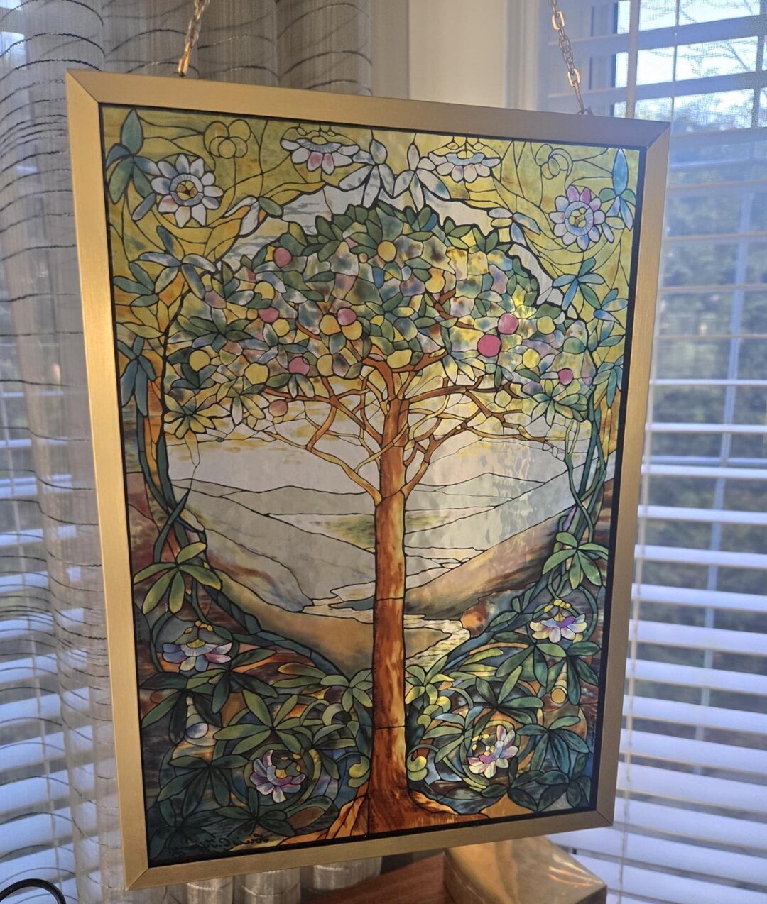 Louis C. Tiffany Tree of Life Stained Glass Panel Vintage Suncatcher 13 ...