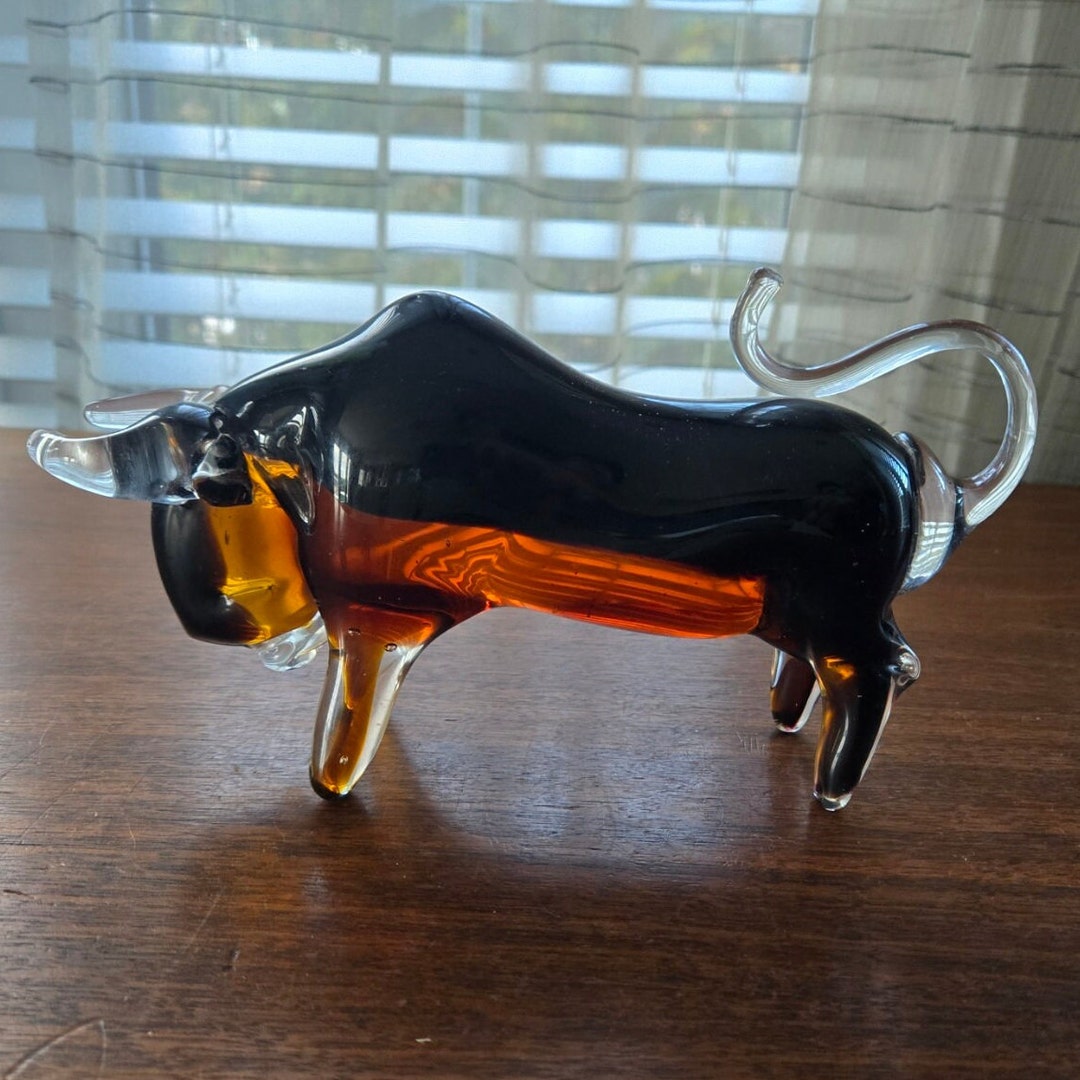Art Glass Bull Sculpture Vintage Amber Brown Toro Hand Blown Figurine 9 ...