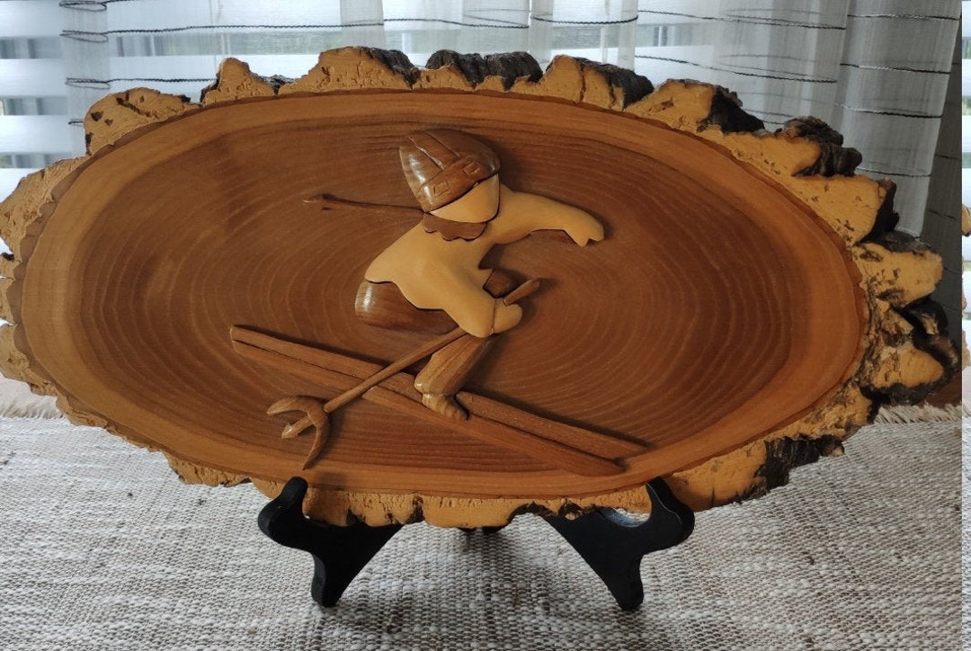 Intarsia Artwork 3 Dimensional Skier on Sliced Log Frame Vintage All ...