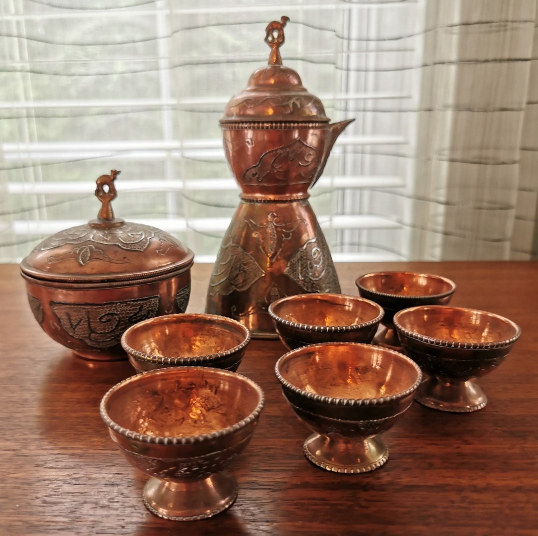 Copper Silver Inlay Tea Coffee Set of 8, Vintage Cairo Ware Coffee Pot ...