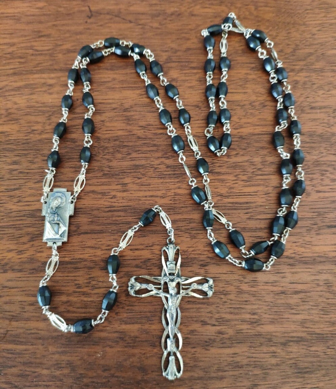 Italian Sterling Silver Onyx Rosary, Vintage Gloria Made in Italy ...