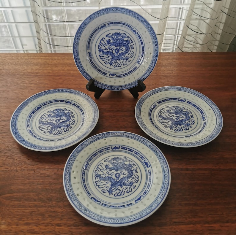 Chinese Dragon Rice Grain Side Plates, Set of 4 Vintage Porcelain Rice ...