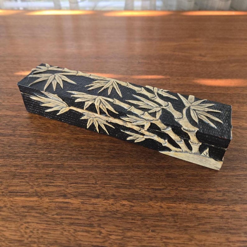 Asian Carved Stone Trinket Box, Vintage Marble Etched Bamboo Stalks ...