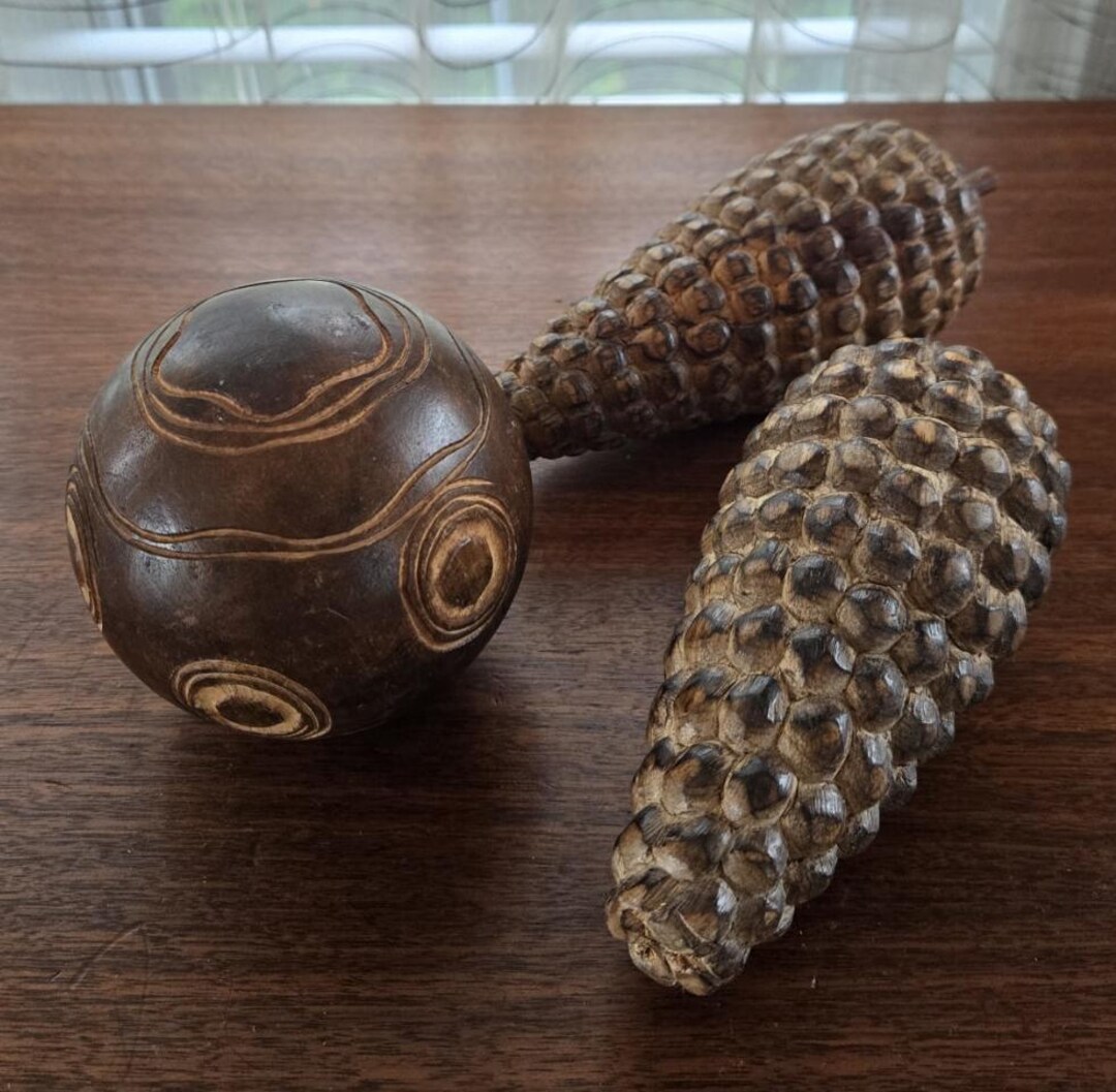 Large Hand Carved Wooden Long Pinecones and Orb Set of 3, Vintage ...