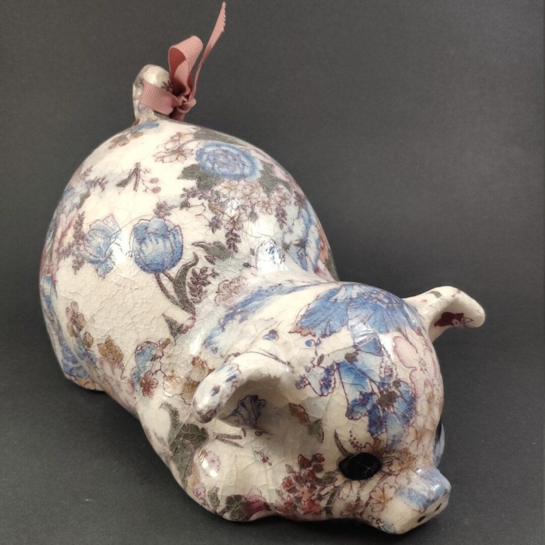 Chintz Piglet Sculpture Vintage Floral Paper Decoupage Ceramic ...