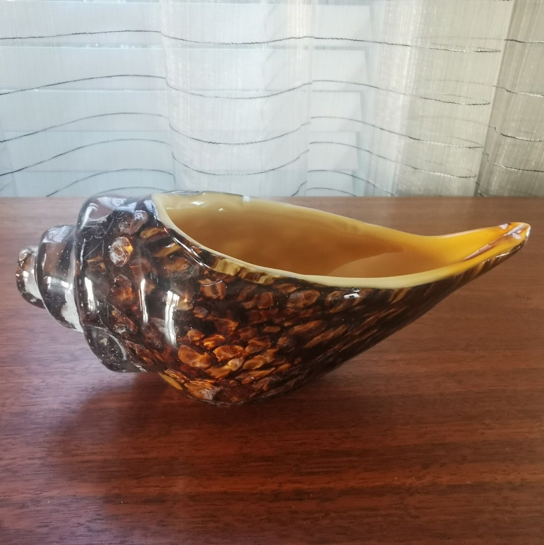 Art Glass Seashell Bowl Sculpture Vintage Cased Tortoise Shell Amber Black Hand Blown Conch ...