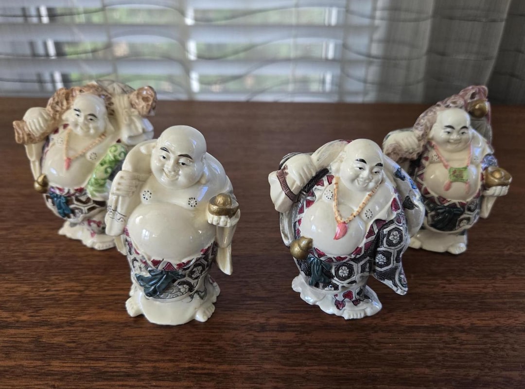 Set of 4 Hotei Laughing Buddha, Vintage Detailed Etched Resin Figurine ...