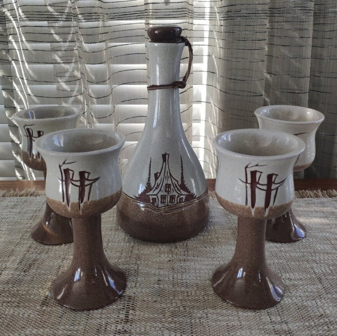 Studio Art Pottery Decanter Goblets Set of 5 La Canadienne Vintage ...