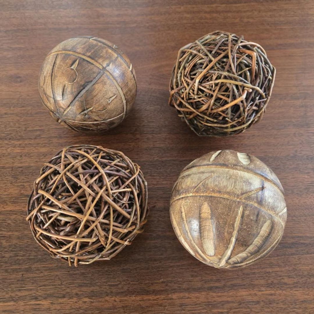 Hand Carved Wooden and Willow Decorative Orbs Set of 4, Vintage 2 ...