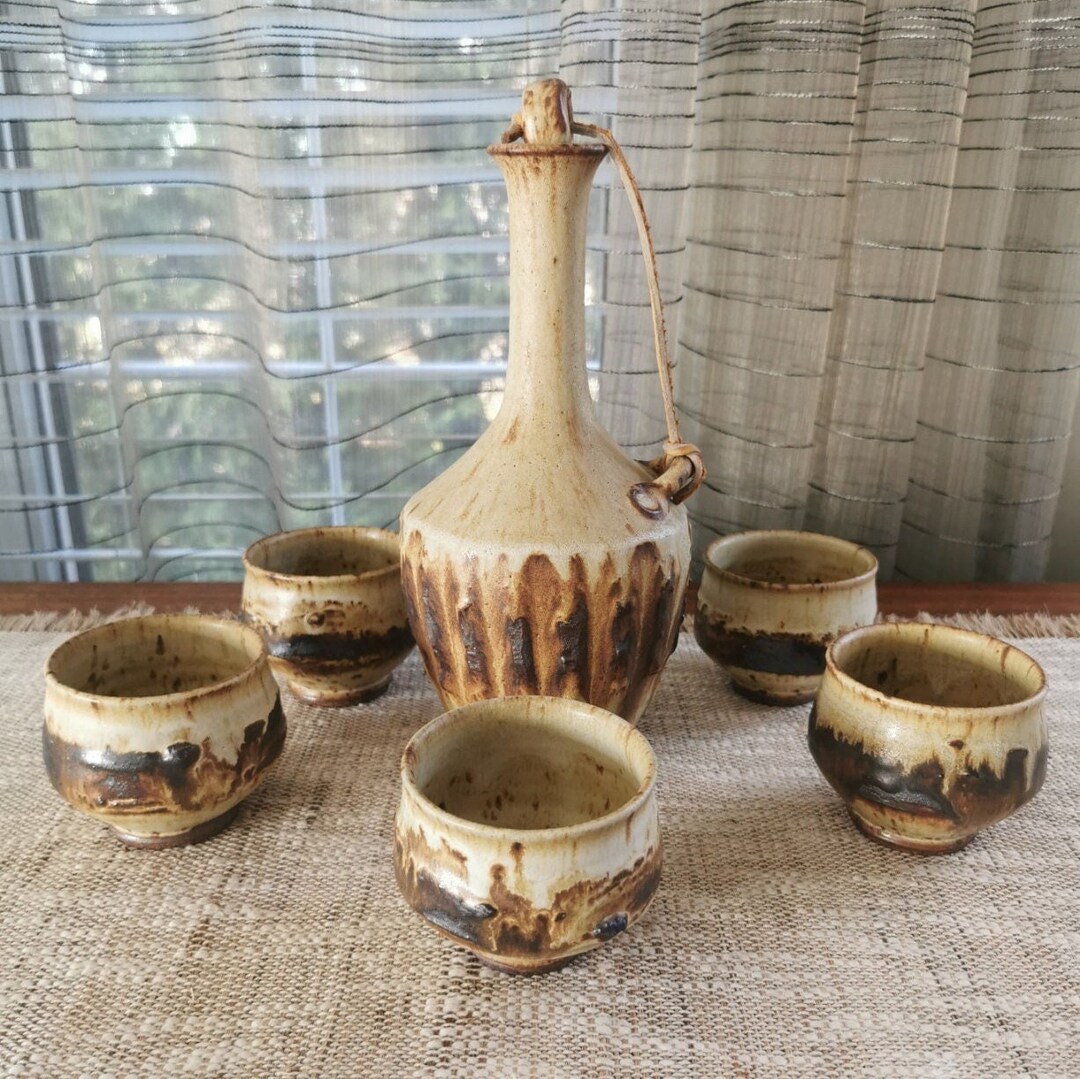 Studio Art Pottery Decanter Set of 6, Vintage Bottle Plus 5 Tumblers ...
