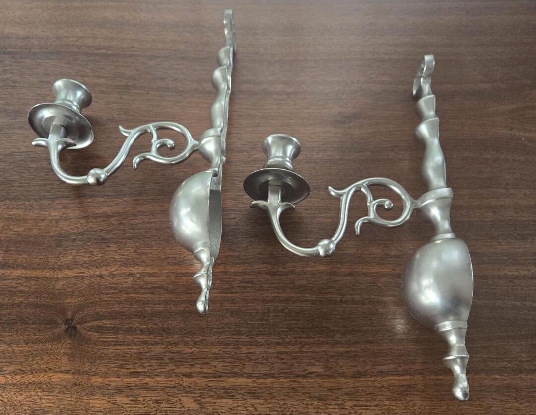 Pewter Scrollwork Candle Wall Sconces Set of 2, Vintage Colonial Wall ...