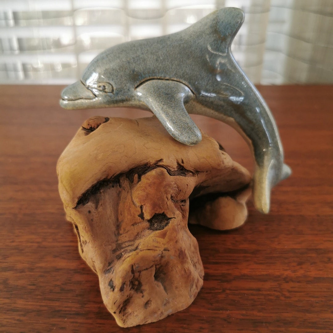 Cardee West Ceramic Dolphin on Burl Wood, Vintage Roseburg Oregon ...