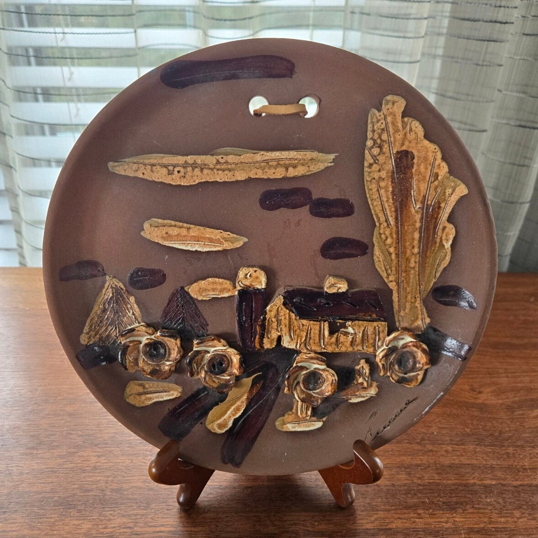 Terracotta Art Pottery Wall Plate, Applied 3D Details Slipware ...