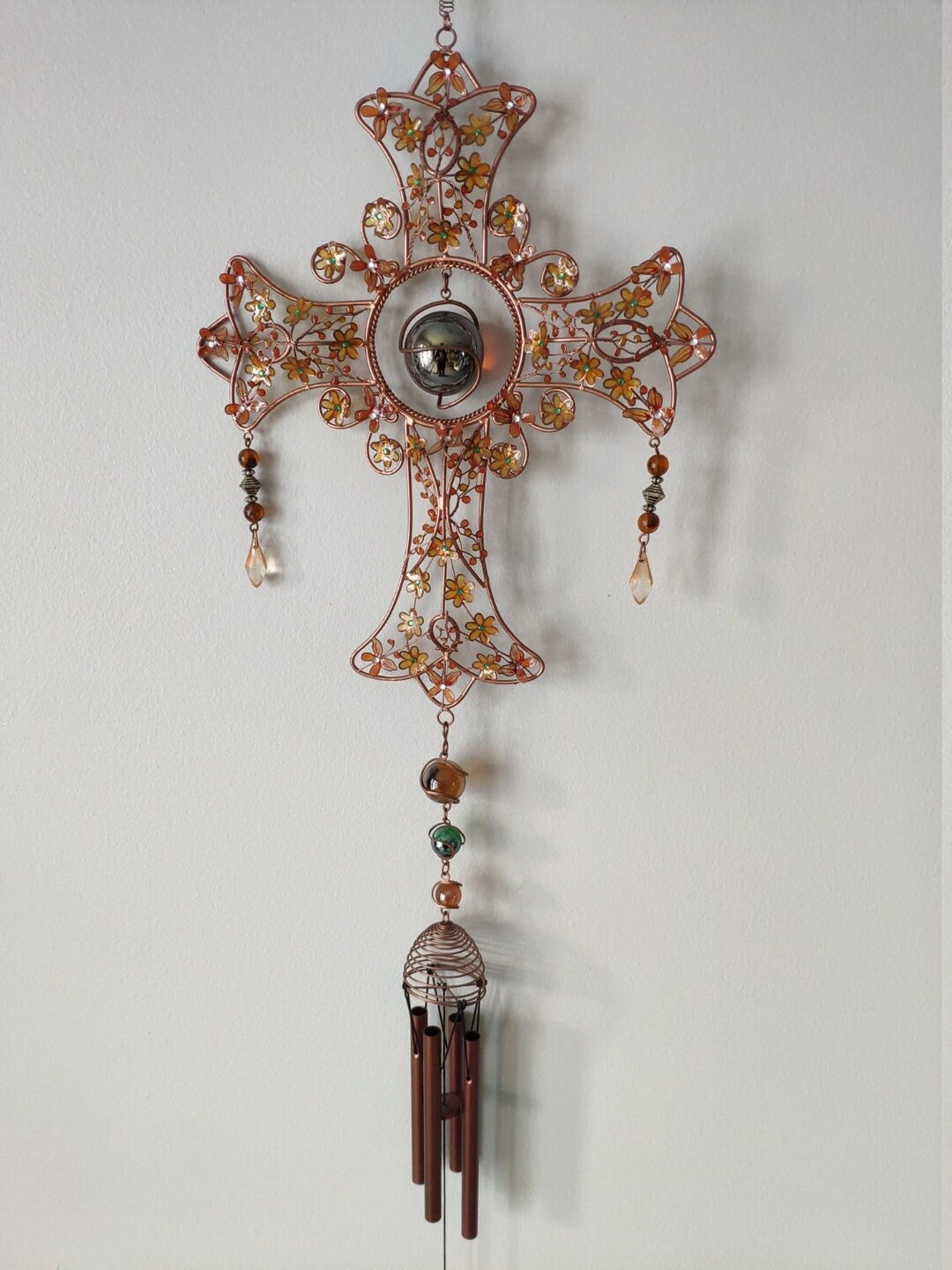 Long Wind Chime Filigree Copper Glass Patonce Cross, Wirework Flowers ...