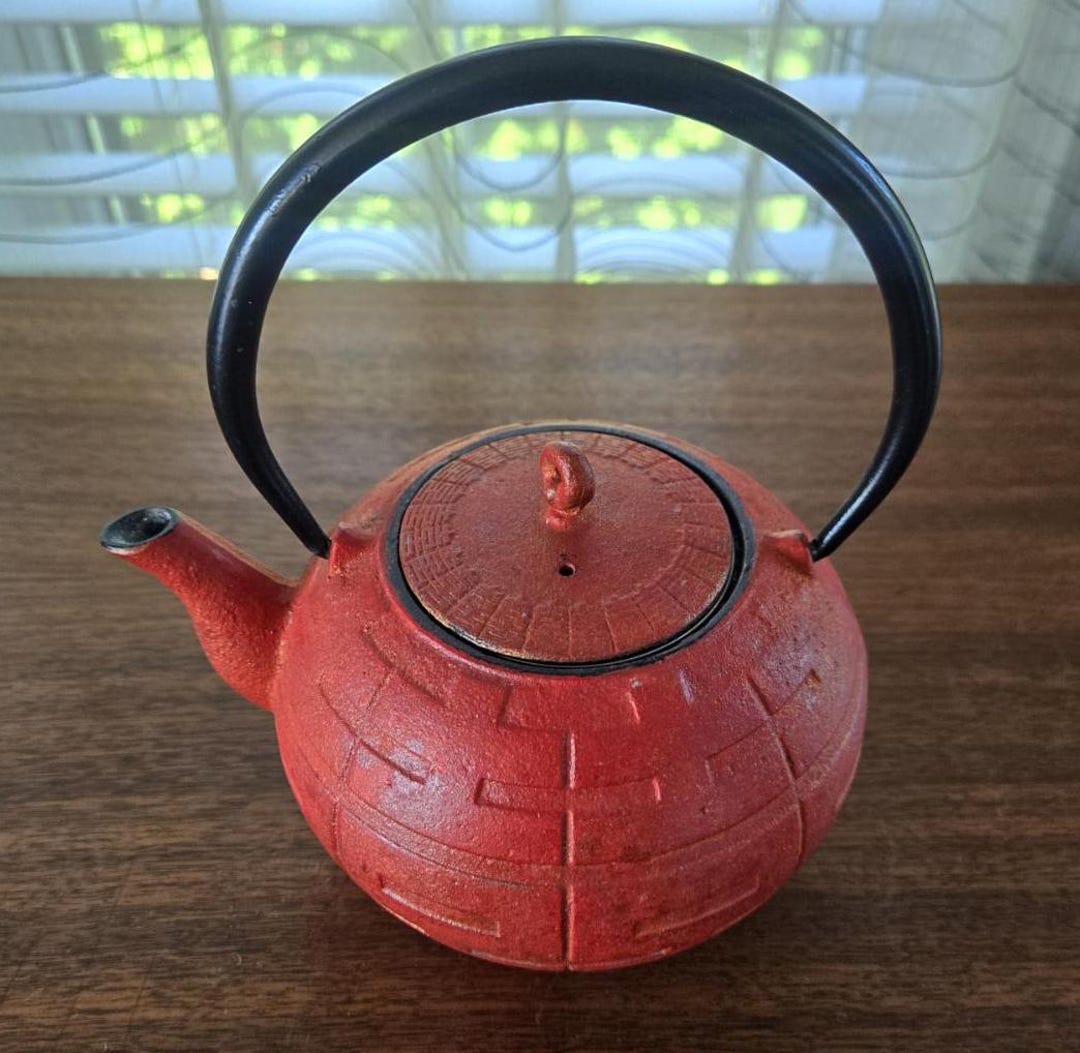Cast Iron Tea Kettle Japanese Tetsubin Style Red Blessings Symbol ...