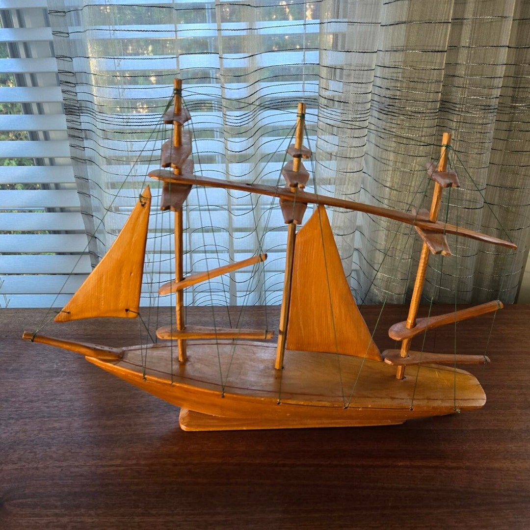 Vintage Hand Made Wooden Sailboat 20", All Wood Boat String Attached - Etsy