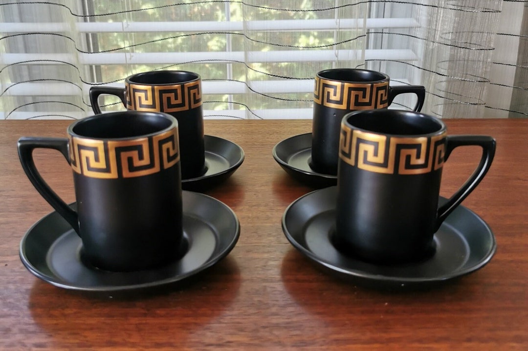 Portmeirion Greek Key Set of 4 Cups With Saucers, Vintage Gold on Black ...