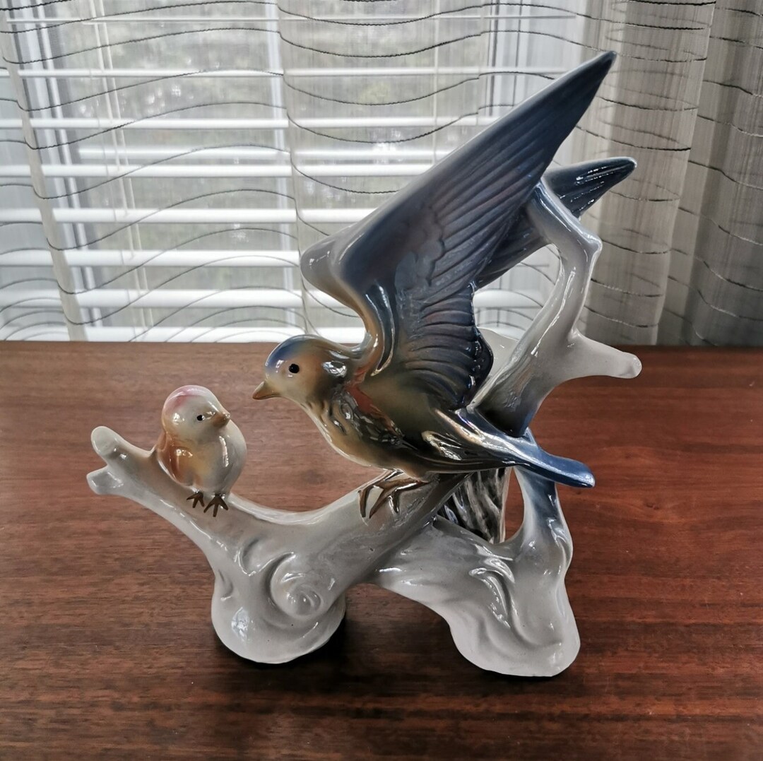 Ceramic Lusterware Birds Figurine Vase, Vintage MCM Hand Painted Birds ...