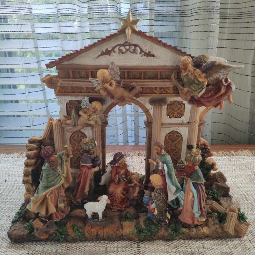 Nativity Scene Set Creche Manger and Figurines, Large One Piece Vintage ...