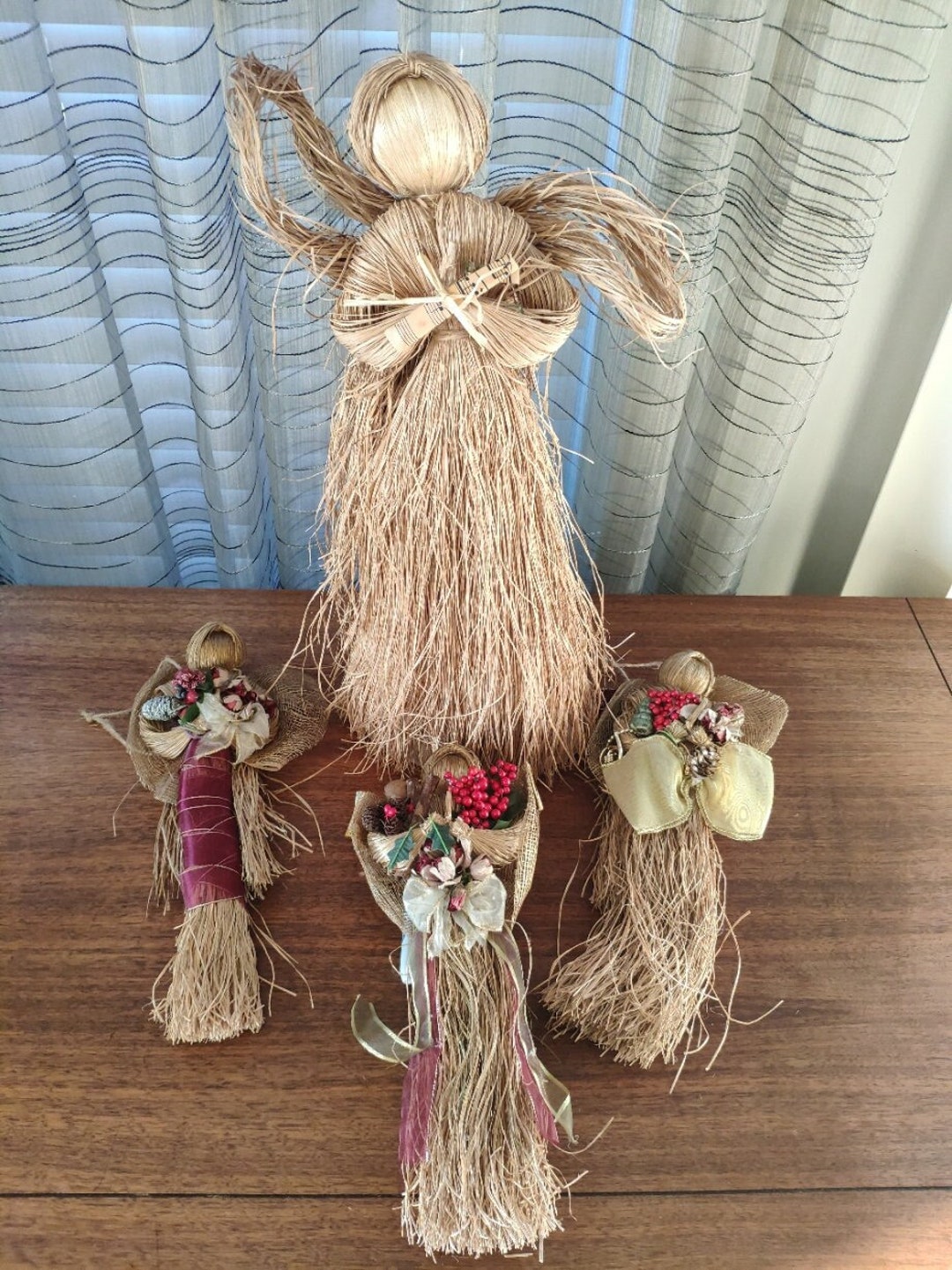 Raffia Straw Angels Set of 4, 17.5 and 12.5 Vintage Christmas Hanging ...